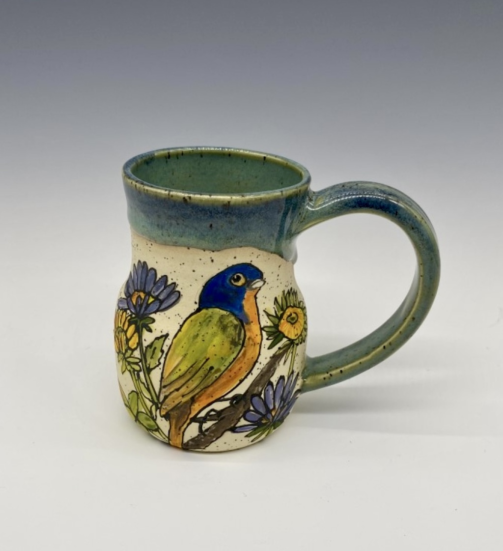 Hand-Painted Bunting Bird Coffee Mug | 10–12 oz Handmade Pottery Mug