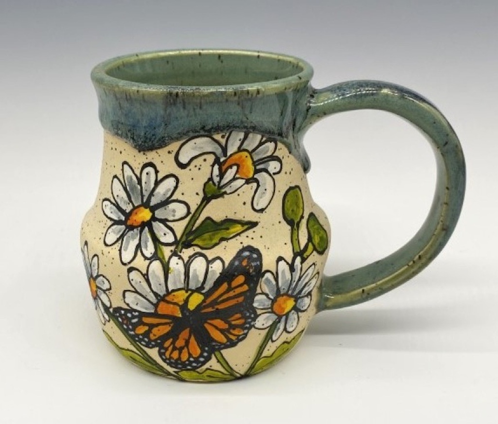 Handmade Monarch Butterfly & Daisies Coffee Mug | Speckled Stoneware 10 ...